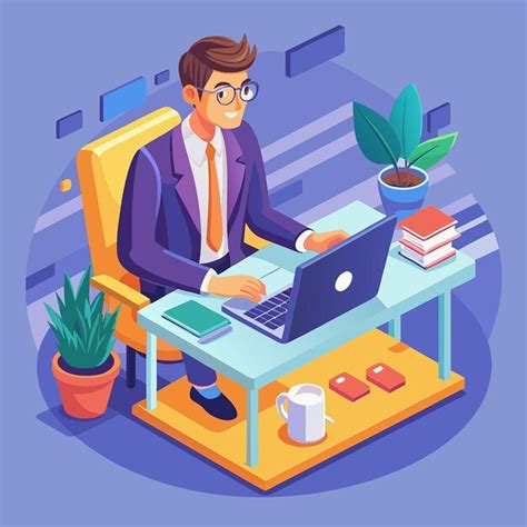 3d Business Man Working On Laptop Young Guy Sitting At Workplace Remote Employee Or Freelancer