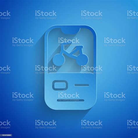 종이 잘라 자전거 대여 모바일 앱 아이콘은 파란색 배경에 격리 도시에서 자전거 대여스마트 서비스 공유 시스템을 위한 모바일 앱입니다 종이 아트 스타일 벡터 3차원 형태에