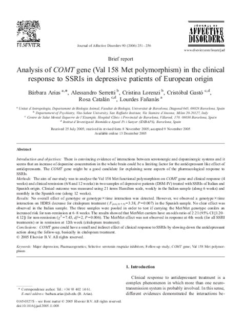 Pdf Analysis Of Comt Gene Val 158 Met Polymorphism In The Clinical Response To Ssris In