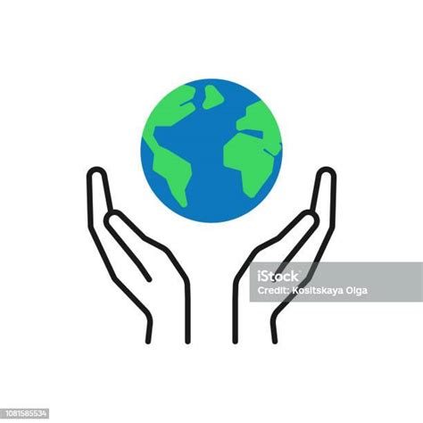 녹색 행성의 격리 개요 아이콘 블랙에 흰색 바탕에 손 색상 글로브와 선 손입니다 치료 보호의 상징입니다 행성을 저장 합니다 평면 디자인입니다 로고에 대한 스톡 벡터 아트 및