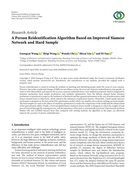 Pdf A Person Reidentification Algorithm Based On Improved Siamese