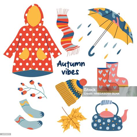 가을 아이템 옷 액세서리 벡터 일러스트레이션 주전자 우산 고무 장화 비옷 모자 양말 비와 함께 손으로 그린 세트 귀엽고 아늑한 다채로운 그림입니다 모자 모자류에 대한 스톡