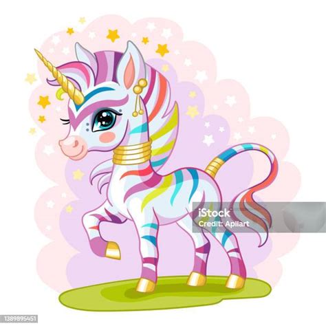 귀여운 만화 무지개 얼룩말 유니콘 벡터 일러스트레이션 유니콘에 대한 스톡 벡터 아트 및 기타 이미지 유니콘 만화 얼룩말