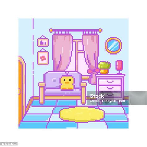 8 비트 거실 픽셀 아트 배경 오리 캐릭터 아케이드 홈 인테리어 양탄자 덩어리 창문과 문 벡터 90 년대 복고풍 일러스트 픽셀 아트에 대한 스톡 벡터 아트 및 기타 이미지