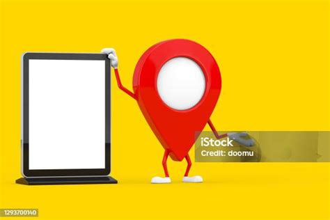 빨간색 지도 포인터 대상 핀 캐릭터 마스코트 빈 무역 쇼 Lcd 화면 디스플레이 는 디자인에 대한 템플릿으로 서 3d 렌더링