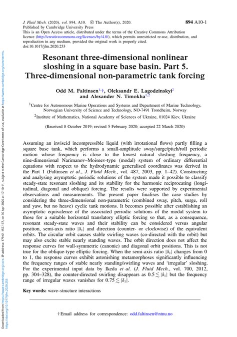 Pdf Resonant Three Dimensional Nonlinear Sloshing In A Square Base Basin Part 5 Three