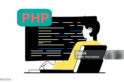 플랫 디자인에서 사람 장면이 있는 웹 개발 개념입니다 남자 코딩 및 프로그래밍 추상적인 제품 코드로 컴퓨터에서 작업 소셜 미디어 배너 마케팅 자료에 대한 벡터 그림입니다