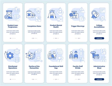 university problems light blue onboarding mobile app screen set