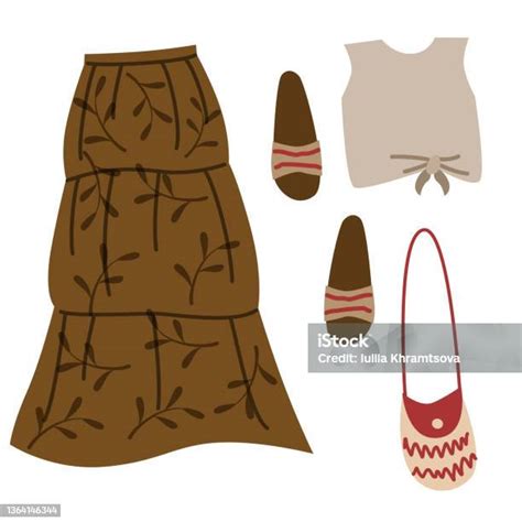 보헤미안 의상과 다양한 보헤미안 요소세트 유행 옷 가방 치마 신발 상단 0명에 대한 스톡 벡터 아트 및 기타 이미지 0명 가방 개체 그룹 Istock