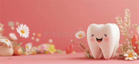 Cute Smiling Tooth Character Surrounded By Flowers On Pink Background