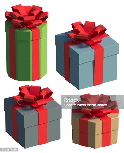 흰색 배경에 강조 표시된 파스텔 리본으로 만든 활이 있는 닫힌 3d 파란색 선물 상자 세트 비행 현대 휴일 깜짝 상자의 3d 렌더링 0명에 대한 스톡 사진 및 기타 이미지
