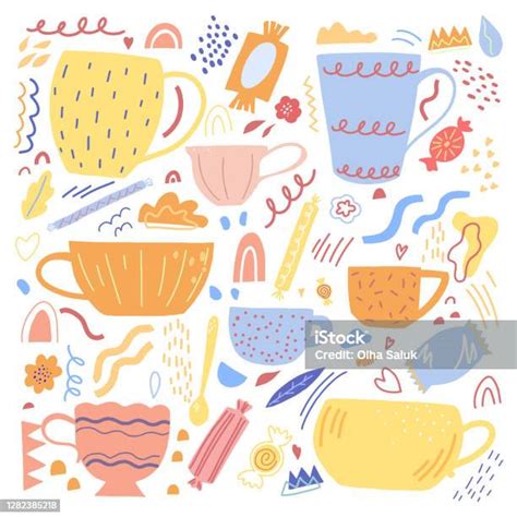 귀여운 컵과 머그잔 플랫 핸드 그린 벡터 일러스트 추상적이고 스칸디나비아 스타일의 다채로운 컬렉션 디자인 인쇄 장식 카드 스티커 배너세트 아늑한 주방 간단한 요소 부엌에