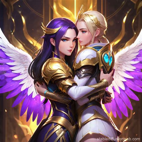 League Of Legends Characters Morgana And Kayle Hugging Stable