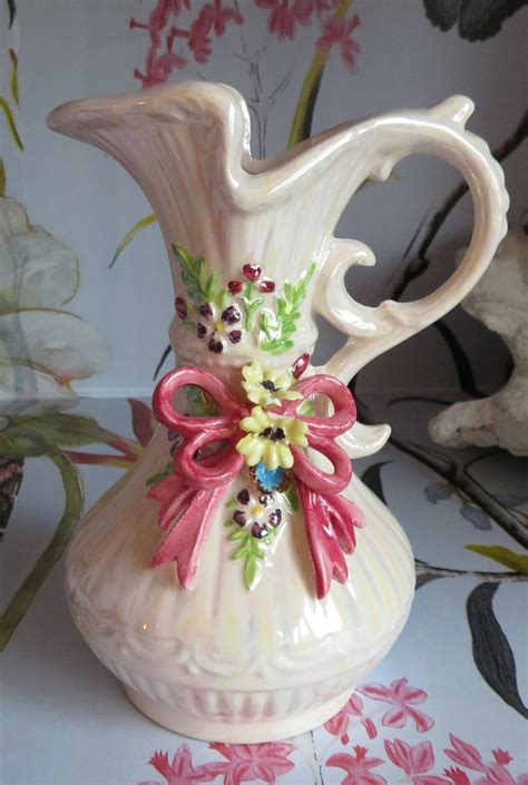 Vintage Lego Japan Porcelain Pitcher With Pink Bow And Daisy Flowers