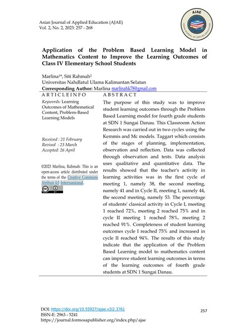pdf application of the problem based learning model in mathematics