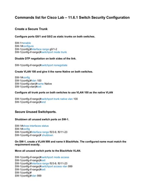Command List For Cisco Lab 1161 Switch Security Config Pdf