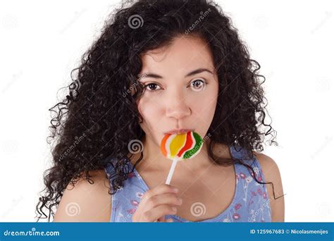Latin Woman Eating Lollipop Stock Image Image Of Food Caucasian