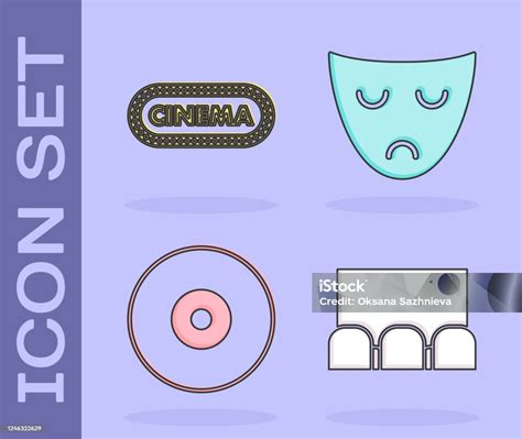 화면과 좌석 시네마 포스터 디자인 템플릿 Cd 또는 Dvd 디스크와 드라마 연극 마스크 아이콘 시네마 강당을 설정합니다 벡터 Theatrical Performance에 대한