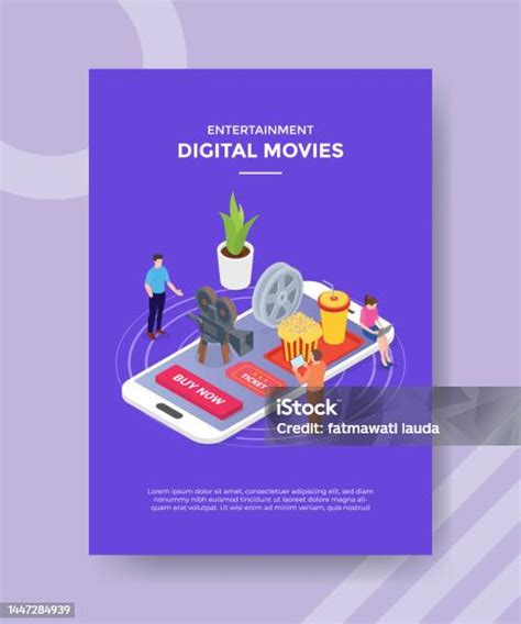 디지털 영화 개념 사람들은 아이소메트릭 스타일의 잡지 표지와 포스터를 인쇄하기 위한 배너 및 전단지의 템플릿에 대해 스마트폰 카메라 필름 스트립 감자 튀김 음료 주위에 서