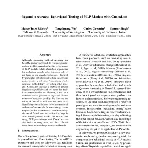 Beyond Accuracy Behavioral Testing Of Nlp Models With Checklist Acl