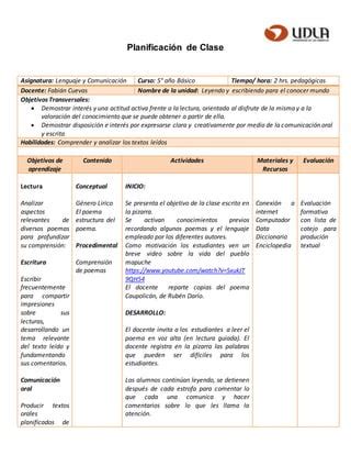 Planificación De Clase 5 Básico B Docx