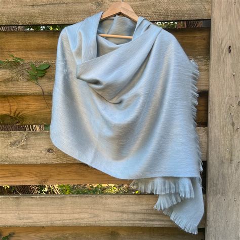 Silver Blue Alpaca Wool Shawl Lightweight Woven Scarf With Fringe Etsy