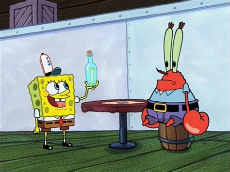 Spongebob And Squidman In The Kitchen Talking To Each Other While Standing Next To A Table