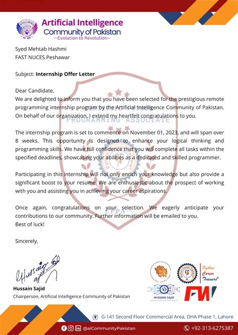 Allhamdullilah I Received My Internship Letter From Artificial Intelligence Community Of