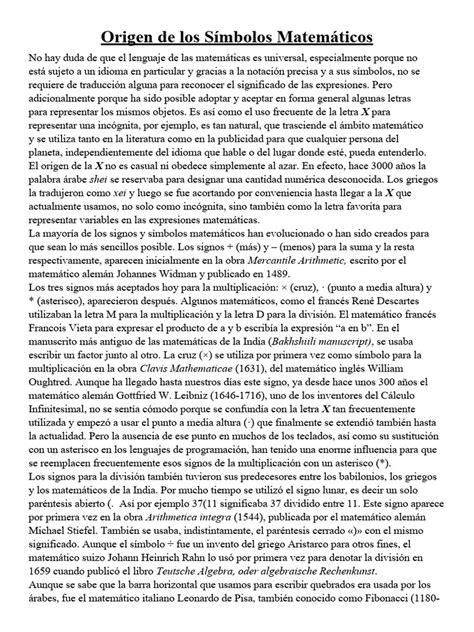 Historia De Los Símbolos Matemáticos Pdf Multiplicación Derivado