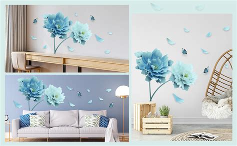 Tanlaby Blu Bianco Fiore Adesivi Murali Grande Loto Floreale Adesivi Da Parete Fiore Farfalle