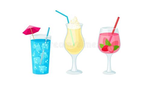Bright Exotic Cocktail In Glass As Tropical Refreshing Drink Vector Set