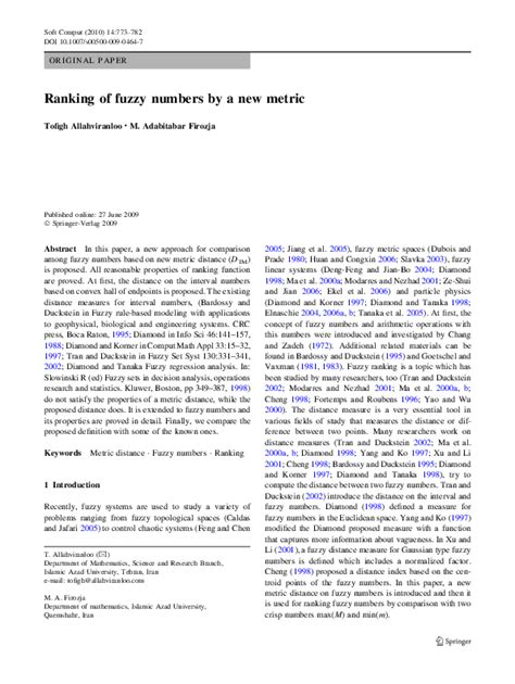 Pdf Ranking Of Fuzzy Numbers By A New Metric