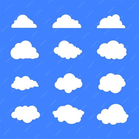 파란색 배경에 구름의 12개 삽화의 벡터 세트 프리미엄 벡터