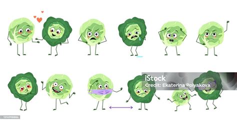 감정 얼굴 팔과 다리와 귀여운 양배추 문자세트 행복하거나 슬픈 영웅 야채 놀이 사랑에 빠지다 마스크 미소 또는 눈물로 거리를 유지 가공의 인물에 대한 스톡 벡터 아트 및