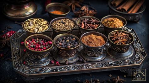Vibrant Spice Palette With An Array Of Various Spices In Artistic Bowls