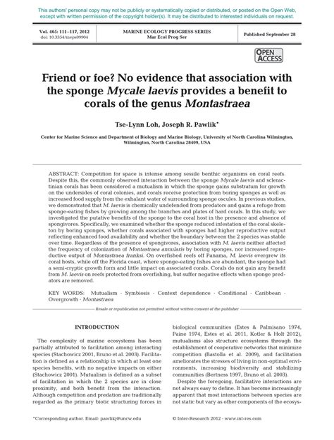 Pdf Friend Or Foe No Evidence That Association With The Sponge Mycale Laevis Provides A