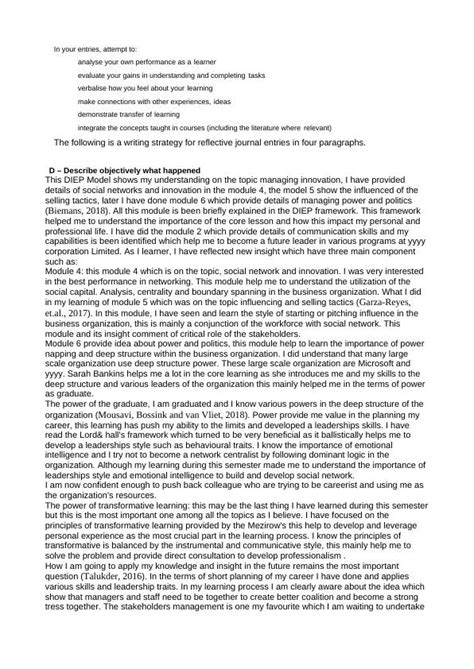 Reflective Journal Innovation Learnings And Diep Model