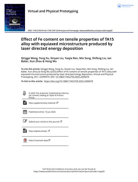 Pdf Effect Of Fe Content On Tensile Properties Of Ta15 Alloy With Equiaxed Microstructure