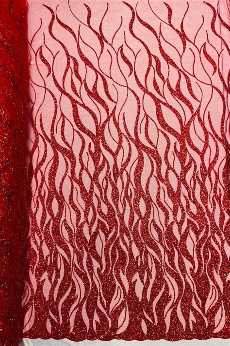 Flaming Fire Design Bead Fabric Red Beaded Embroidered Fabric By