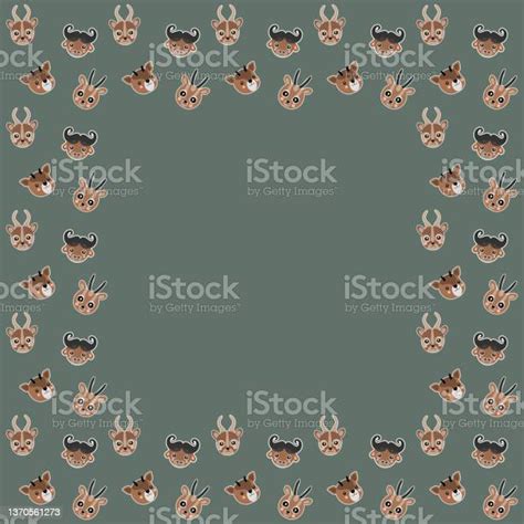 아프리카 버팔로 오카피스 봉고 영양 도카스 가젤의 만화 사각 프레임은 회색 배경에 스티커와 같은 흰색 윤곽선으로 머리 텍스트의