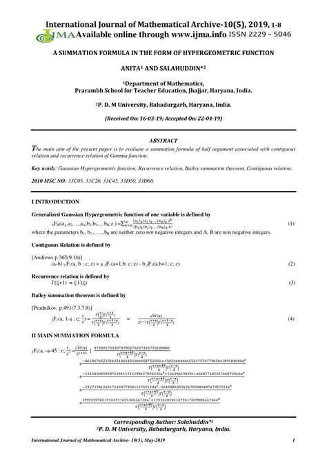 Pdf A Summation Formula In The Form Of Hypergeometric Function