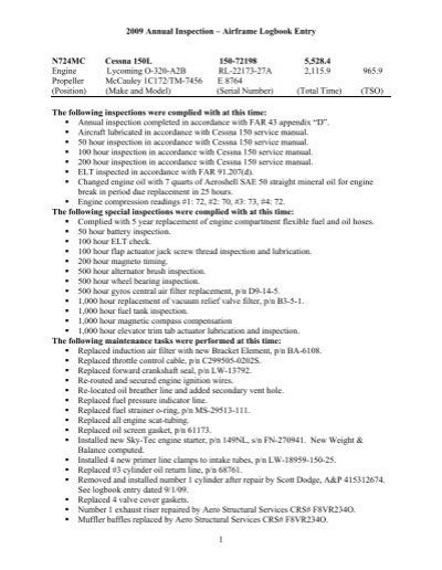 1 2009 Annual Inspection Ã¢Â€Â Airframe Logbook Entry Barnstormers