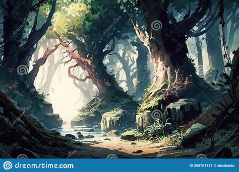 Beautiful Fantasy Magical Forest Scenery In Anime Art Style Stock