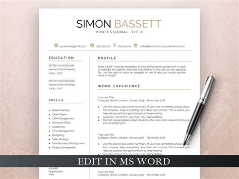 Resume Template CV Template Microsoft Word Resume Cover Letter Modern Resume Professional