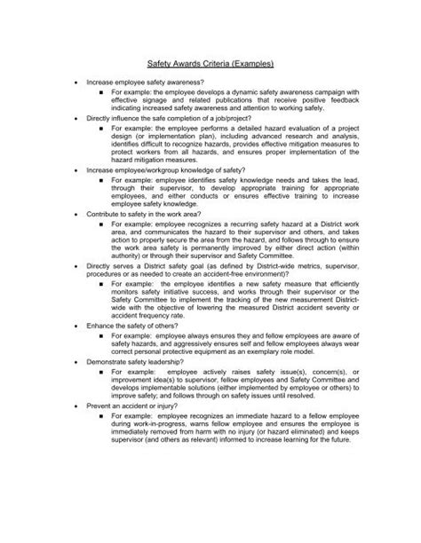 Safety Awards Criteria Examples