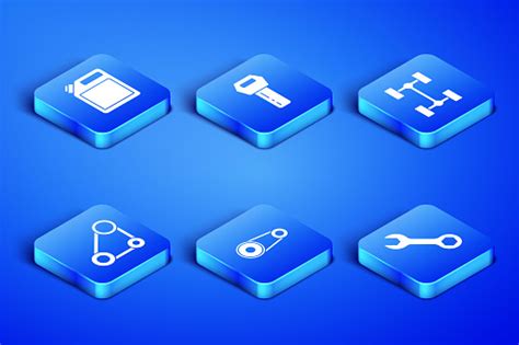 세트 렌치 스패너 가솔린 캐니스터 타이밍 벨트 키트 리모컨이 있는 자동차 키 및 섀시 자동차 아이콘 벡터 3차원 형태에 대한