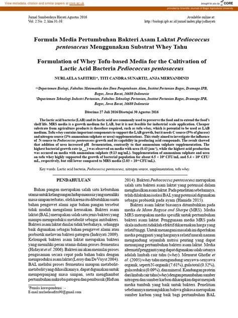 Formula Media Pertumbuhan Bakteri Asam Laktat Pediococcus Pentosaceus
