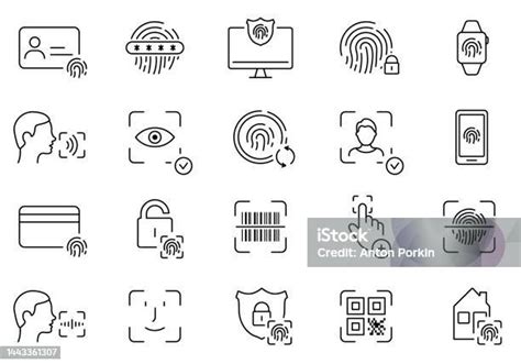 Biometric Identification Line Icon Set Face Id Touch Id Linear Pictogram Fingerprint Facial