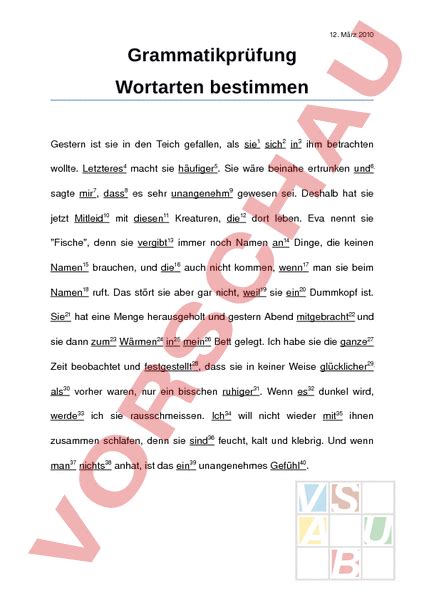 Arbeitsblatt Test Wortarten Deutsch Grammatik