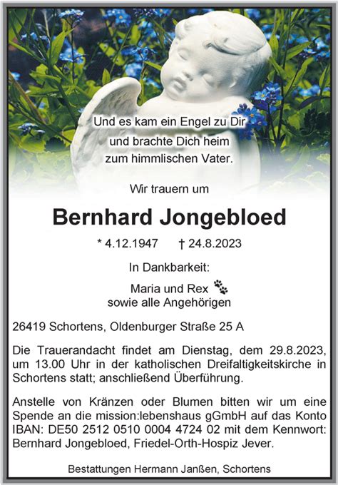 Traueranzeigen Von Bernhard Jongebloed Nordwest Trauer De
